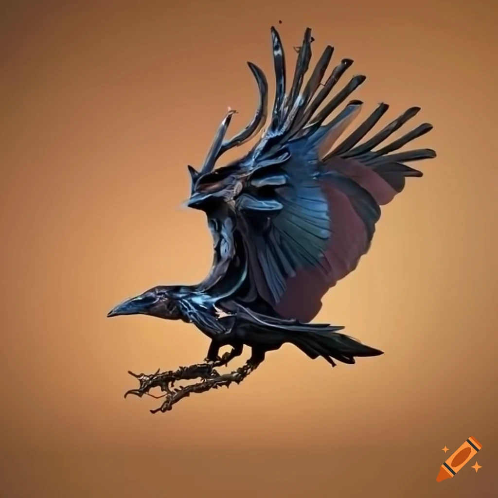 Cubist bio-mechanical raven in flight made from twisted roots and ...