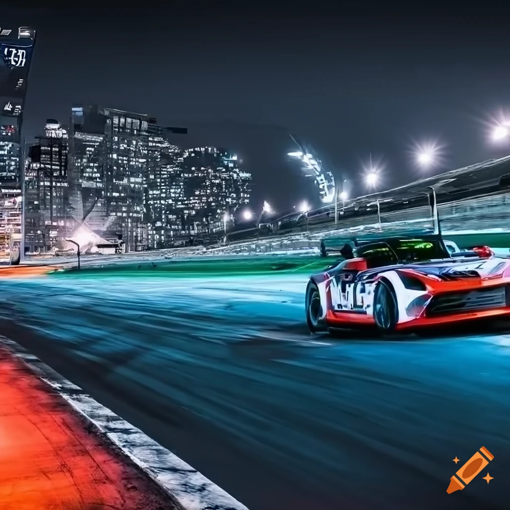 Gt3 car racing on urban city streets at night with speed sensation on ...