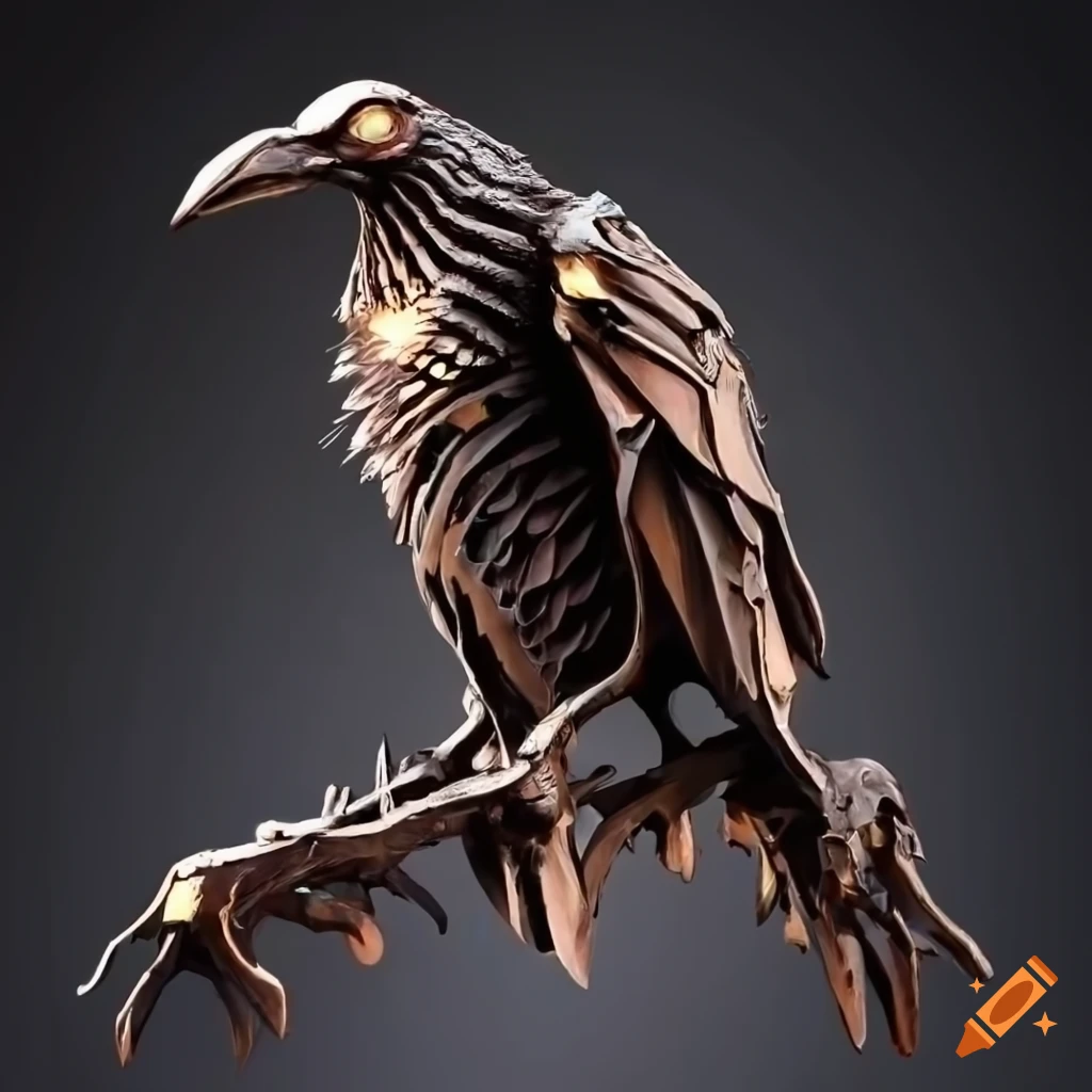 Cubist bio-mechanical raven in flight made from twisted roots and ...