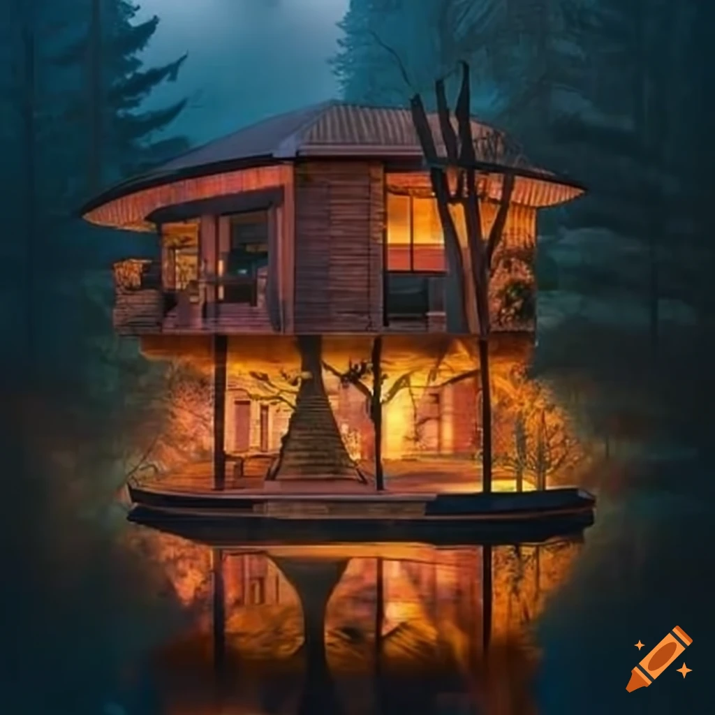 Exterior view of a billionaire's tree house home in autumn surrounded ...