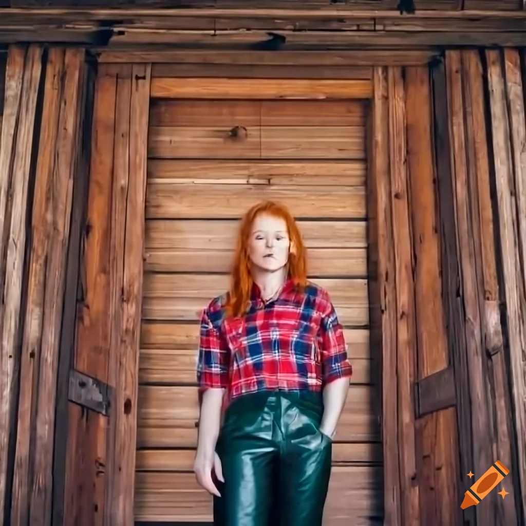 Closeup of ginger twins in country plaid shirts and high waist leather ...