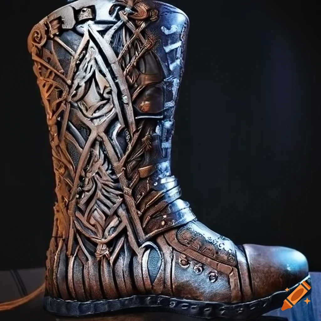 Viking-inspired armor boot with intricate patterns on Craiyon
