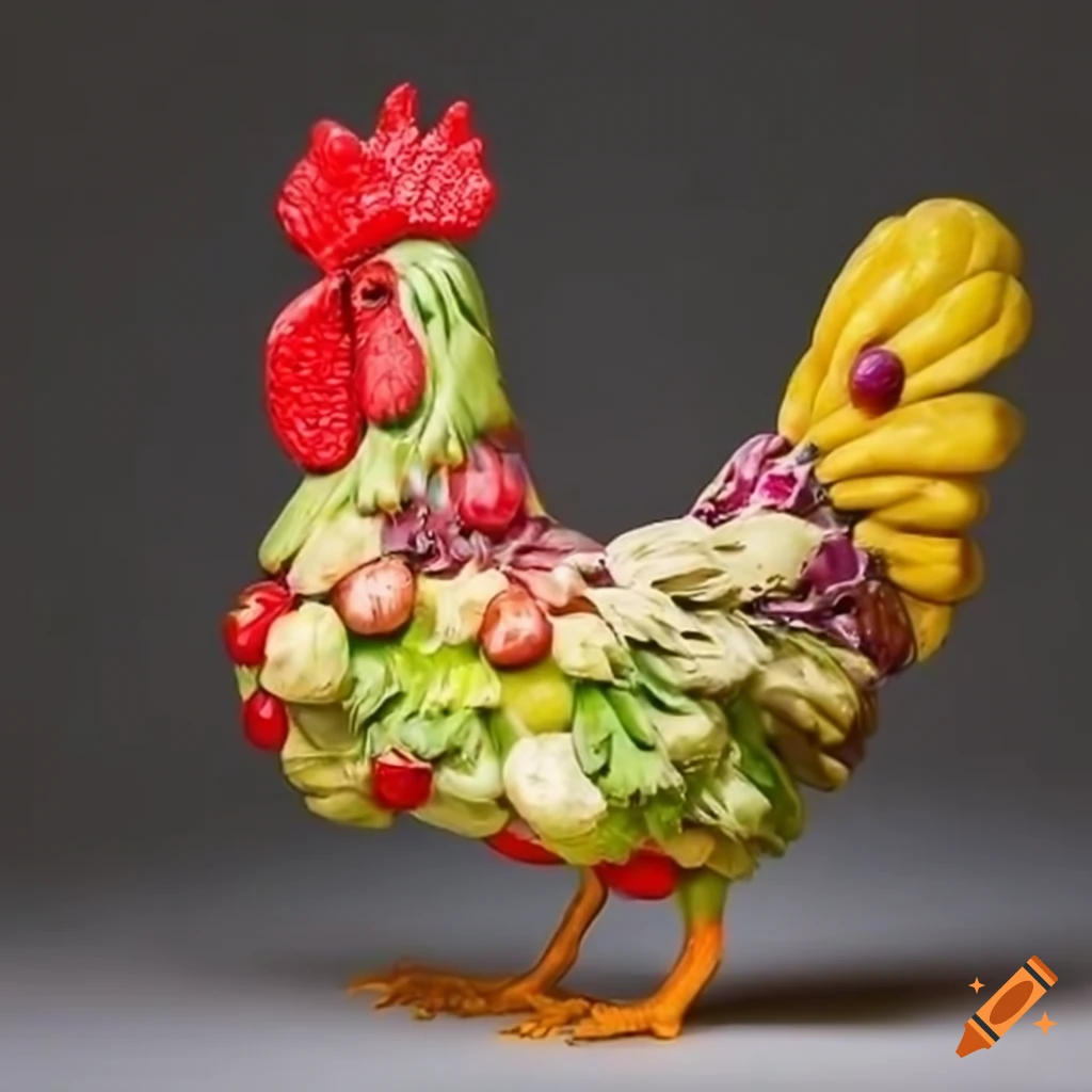 Artistic sculpture of a chicken made from fruits and vegetables on Craiyon