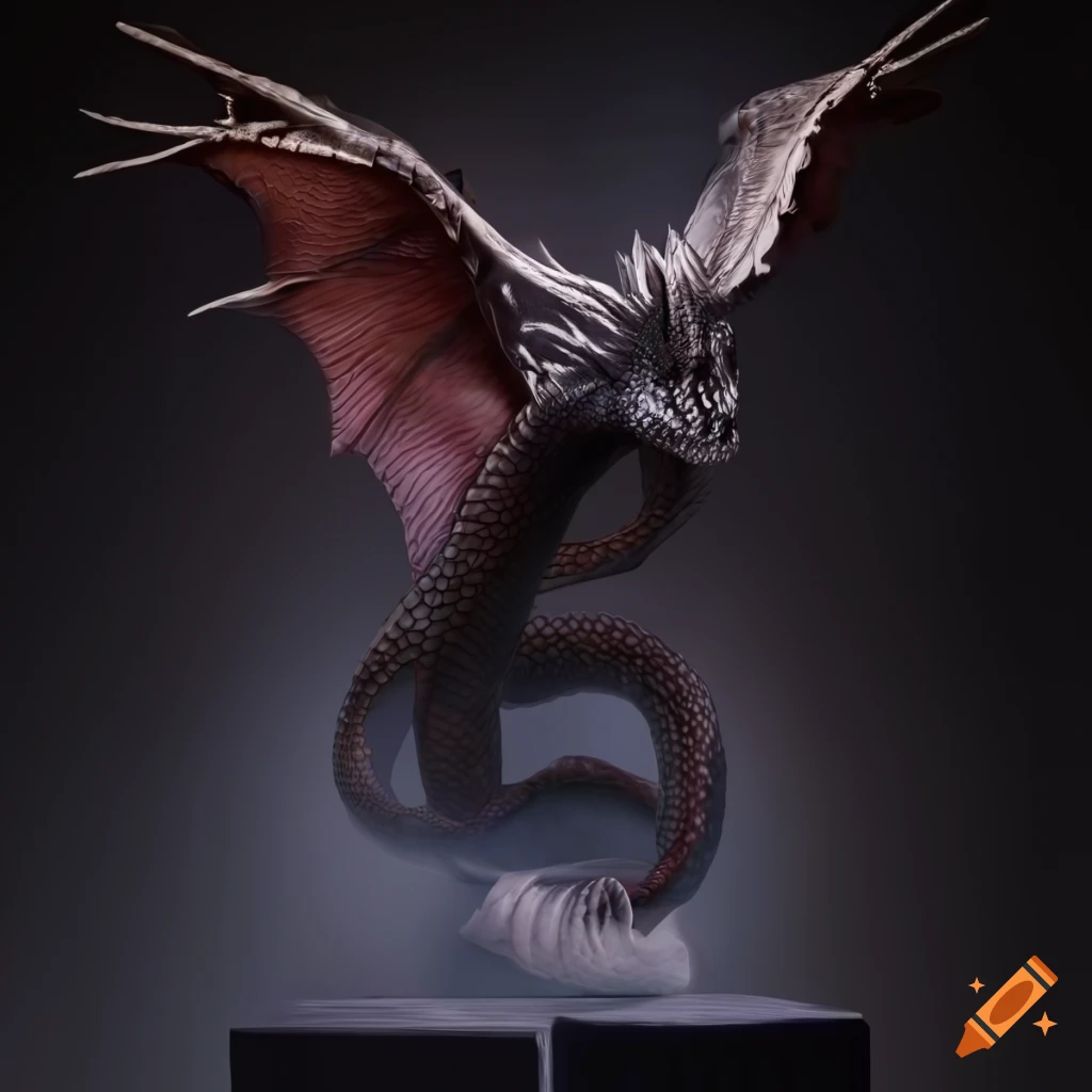 Serpent dragon with wings standing on a cube on a white background on ...