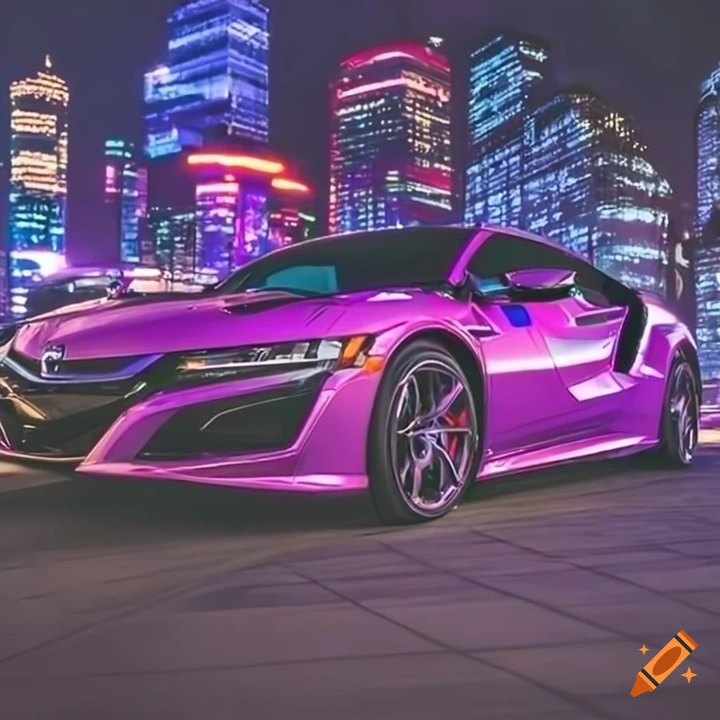 2020 Honda NSX with neon cityscape backdrop on Craiyon