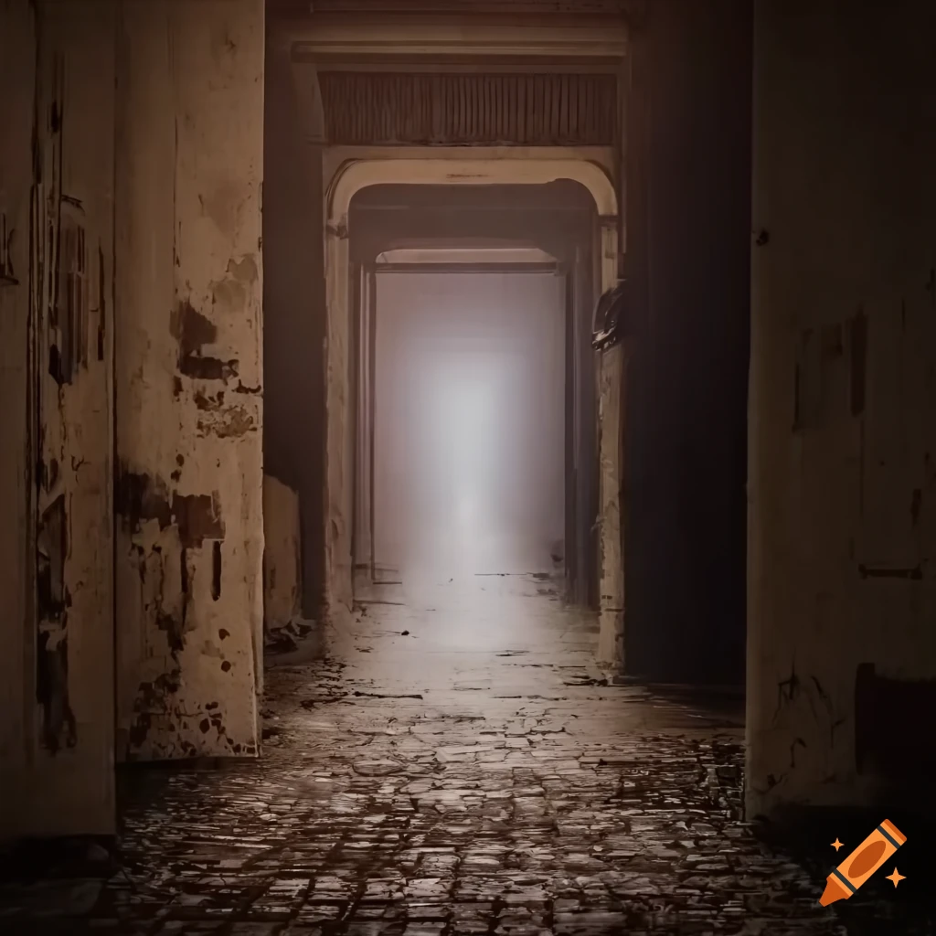 Close-up view of a flooded corridor leading to abandoned Blade Runner ...