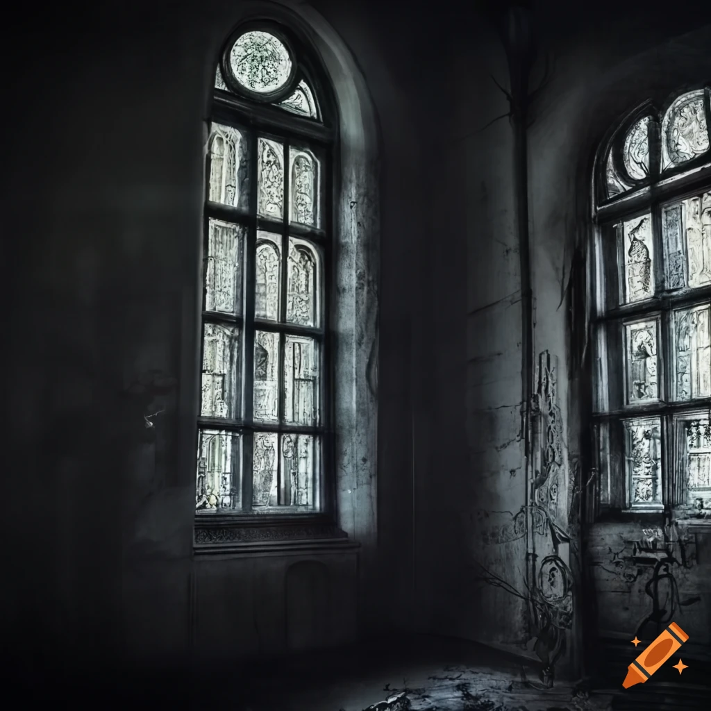 Gloomy interior of a Victorian asylum with moonlit window on Craiyon