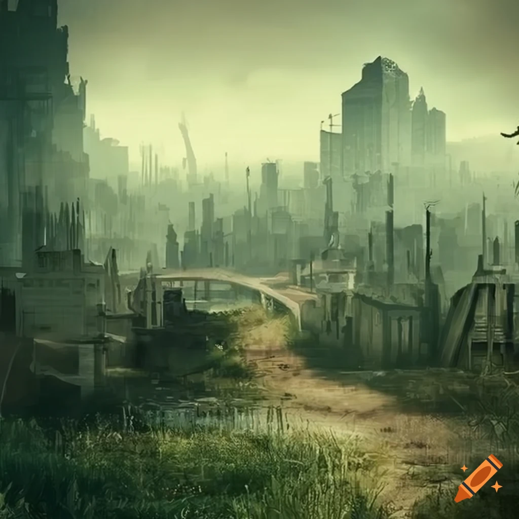 Post-apocalyptic city with deer, grass, and a bridge on Craiyon