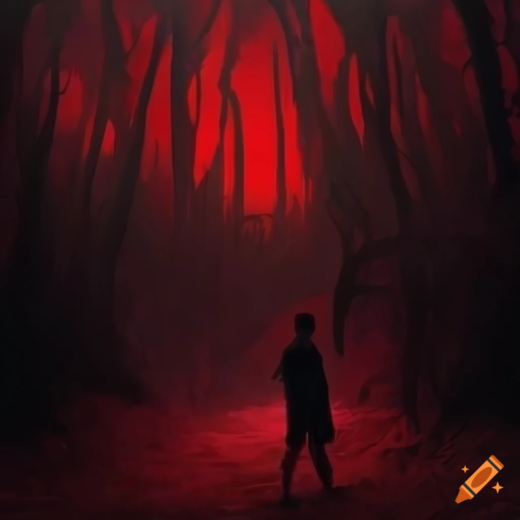 Dark red jungle at night with scaley red-skinned creatures on Craiyon