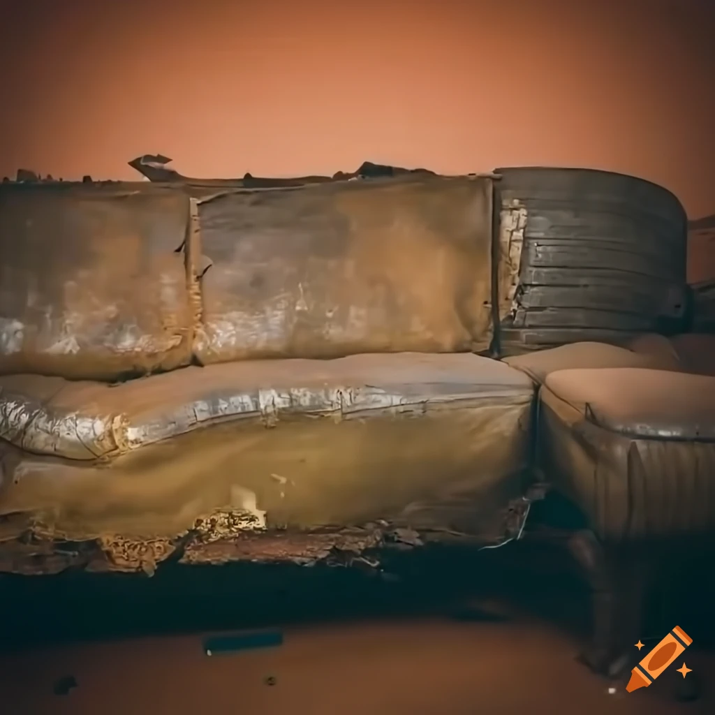 Close-up of destroyed leather couch with tires on flooded industrial ...