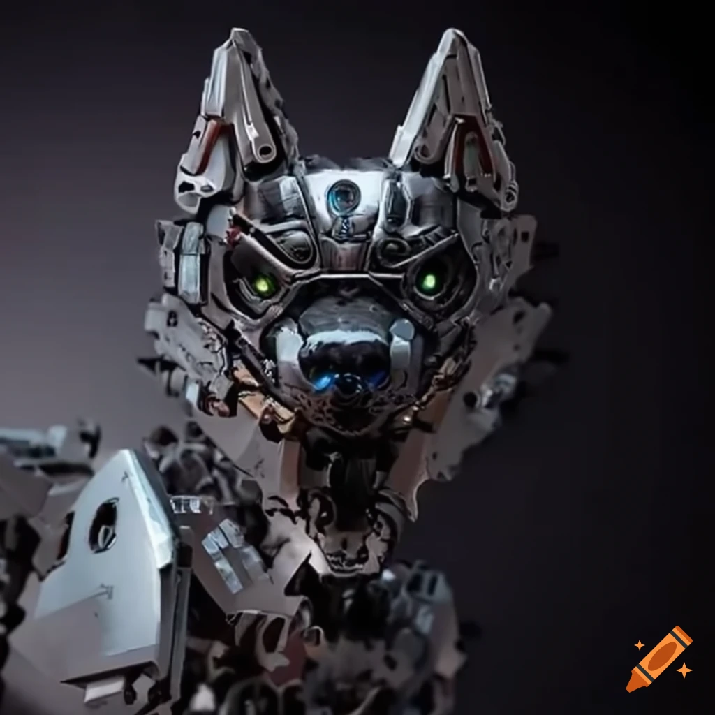 Intricately detailed robotic wolf prepared for battle on Craiyon