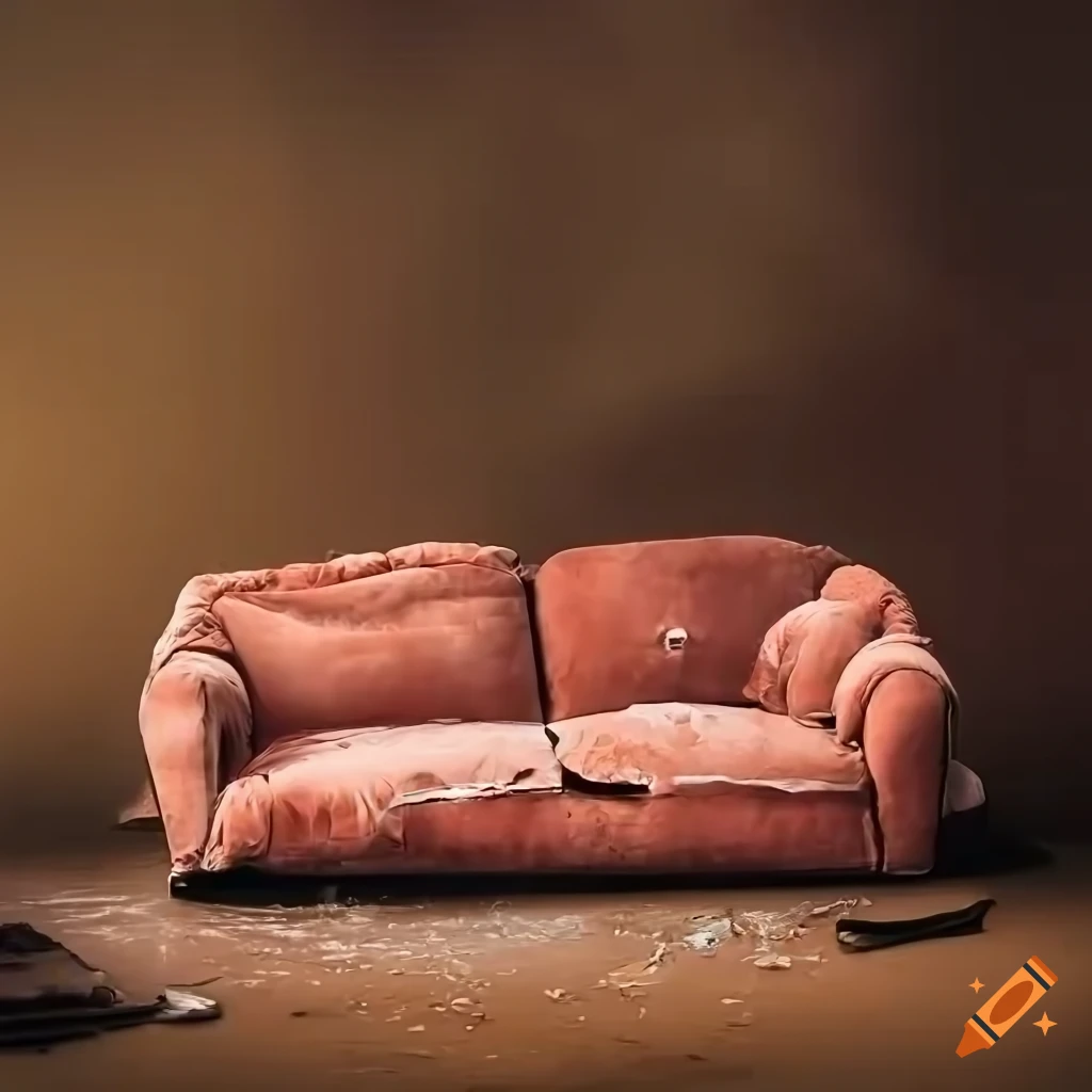 Destroyed peach pink velvet couch in flooded penthouse with sinking ...