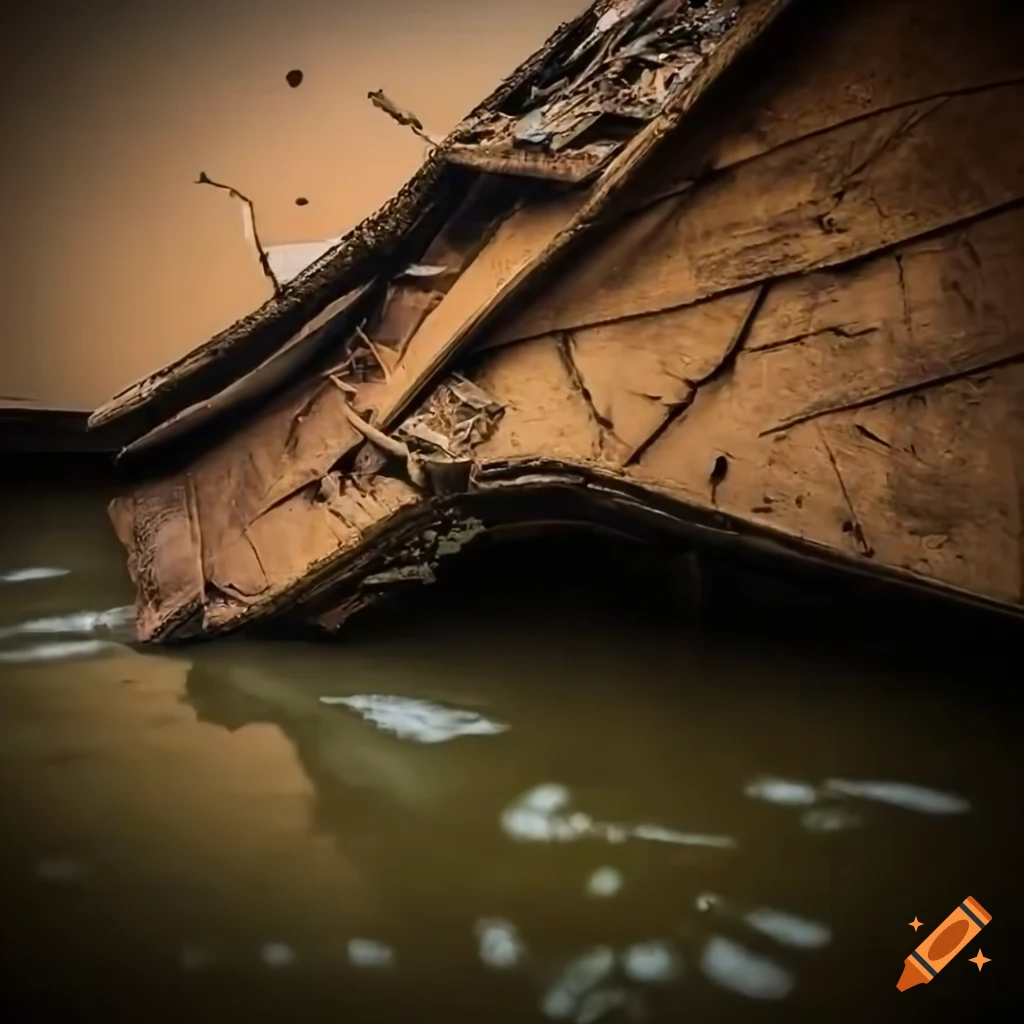 Close-up of destroyed leather couch surrounded by tires on flooded ...