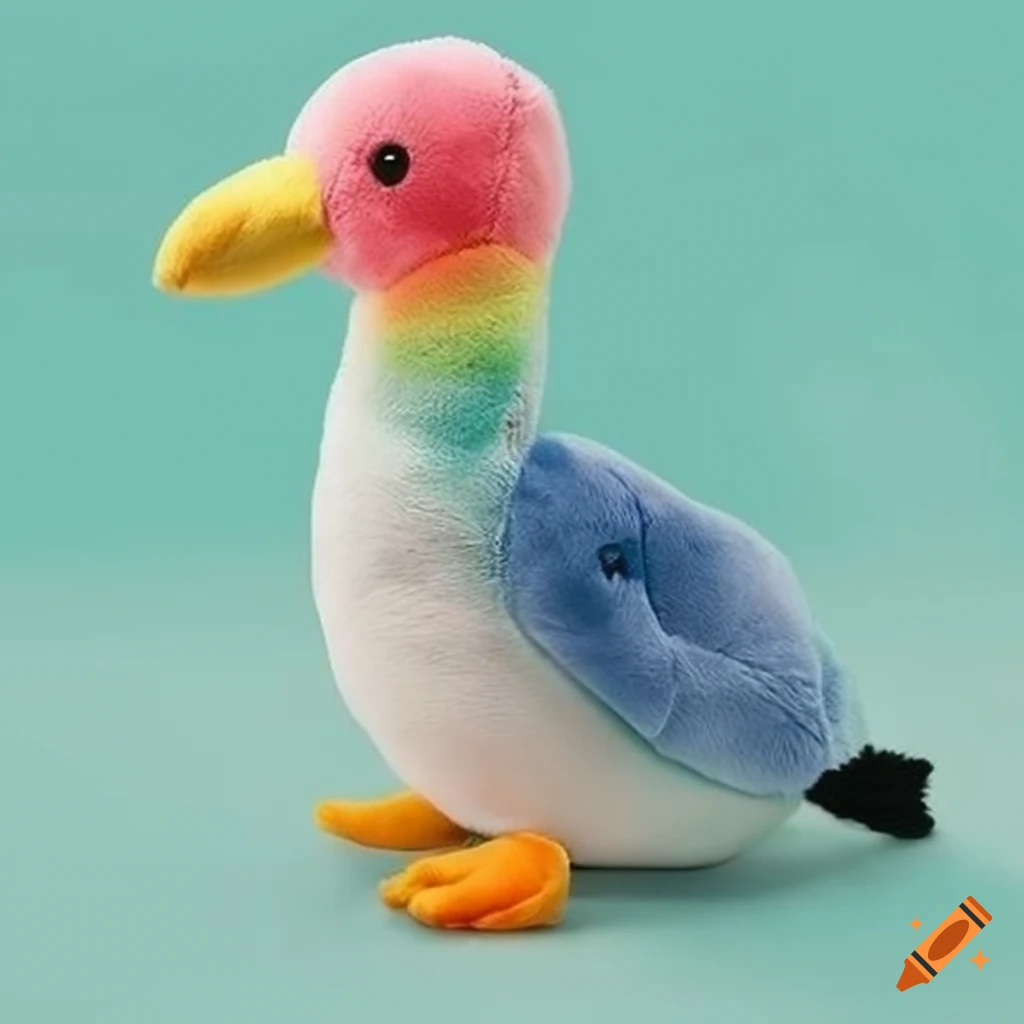 Cute rainbow-colored seagull plush toy on Craiyon