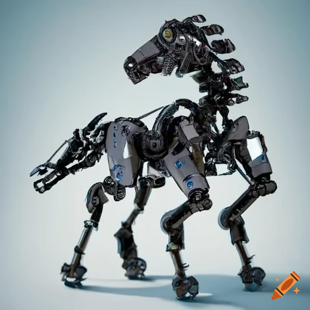 Intricately detailed mechanical robotic horse prepared for battle on ...