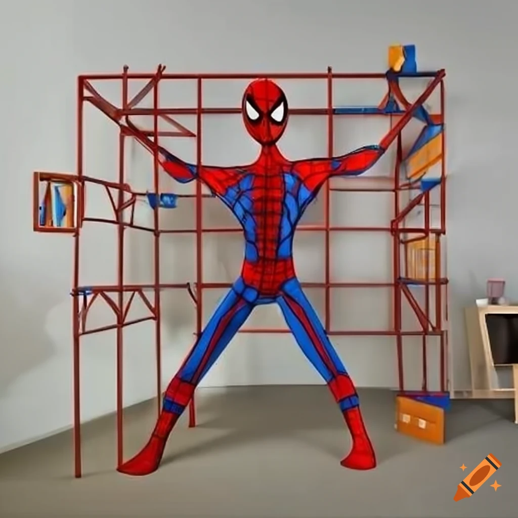 Spider-man themed metal climbing frame with urban buildings on Craiyon