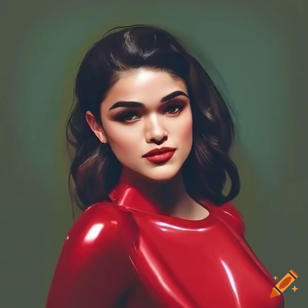 Detailed portrait of rachel zegler in red latex top with symmetrical facial features in art ...