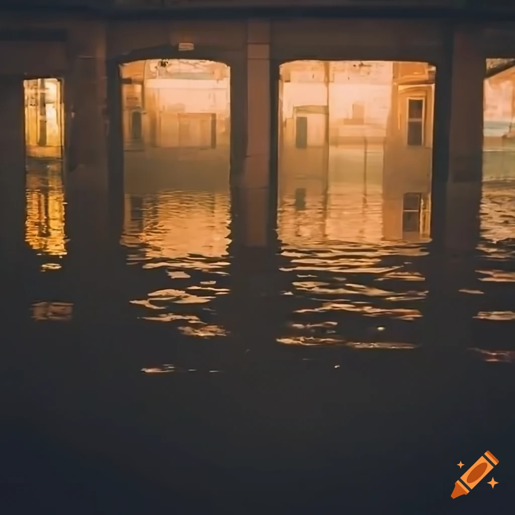 Flooded storefront with abandoned buildings sinking into the ocean in a ...
