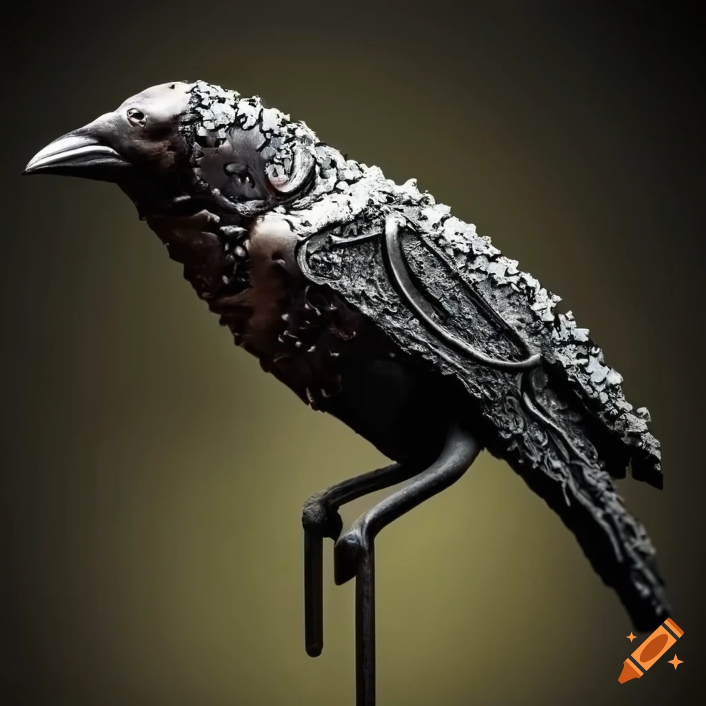 Crow sculpture made of oxidized scrap metal covered in moss and lichen ...