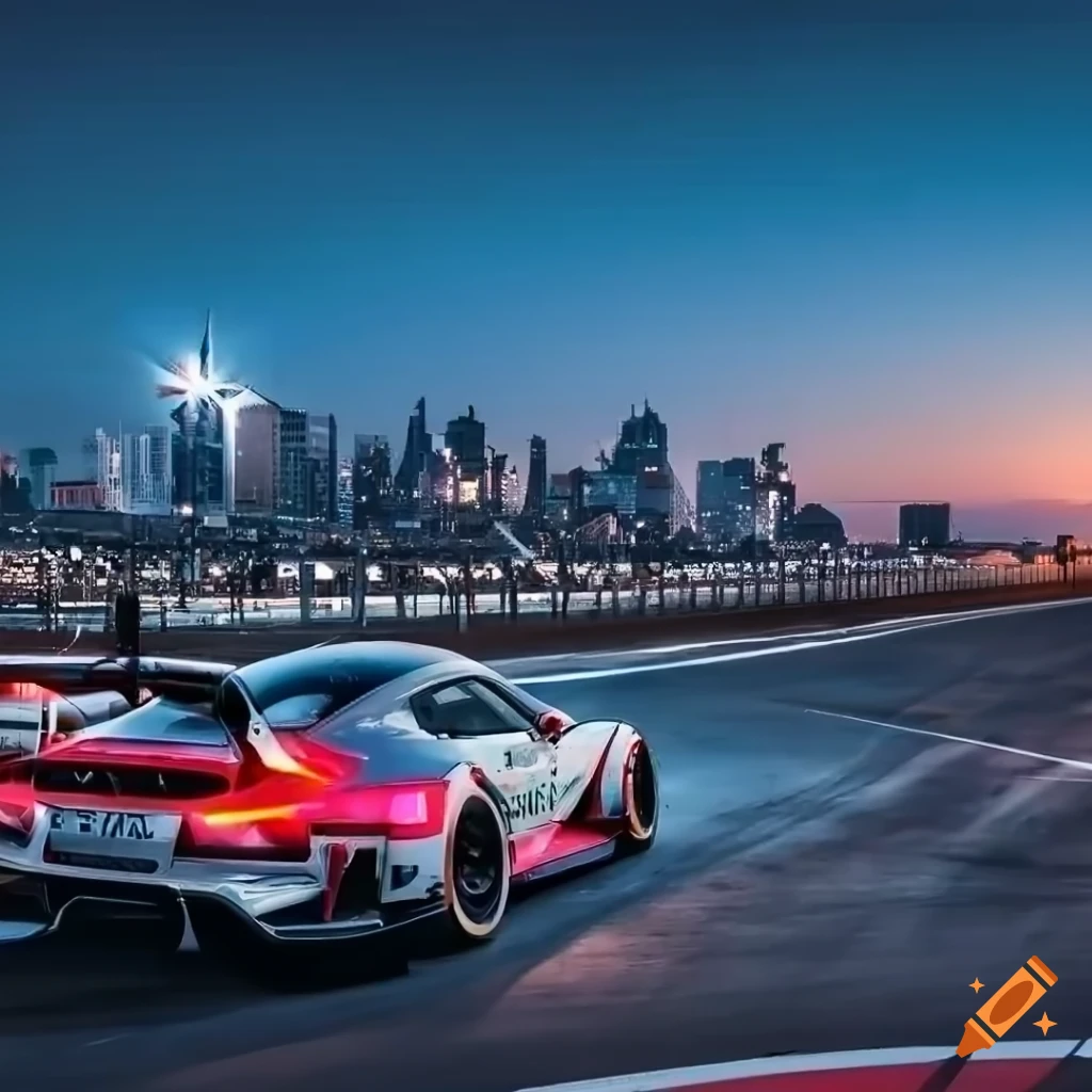 Gt3 car racing on urban city streets at night with speed sensation on ...