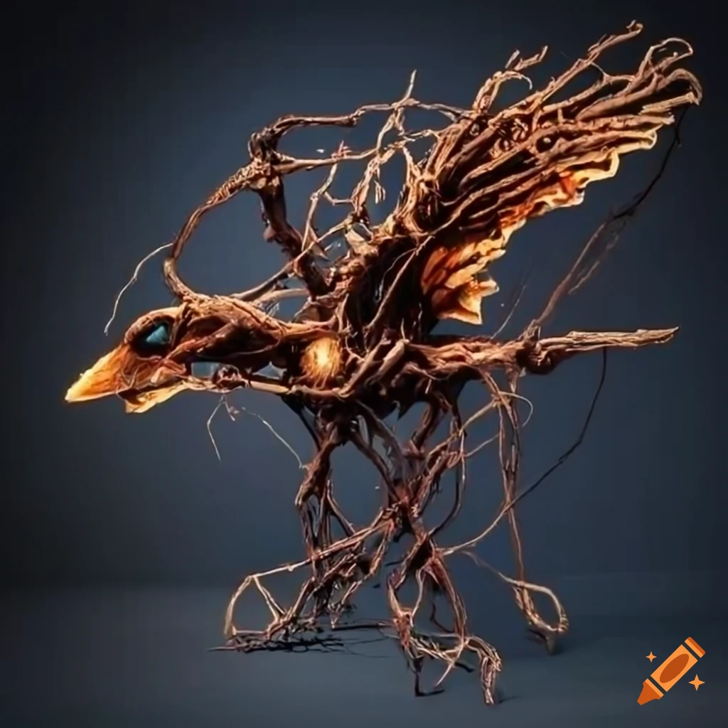 Bio mechanical decomposed flying crow made of twigs, electrical cables ...