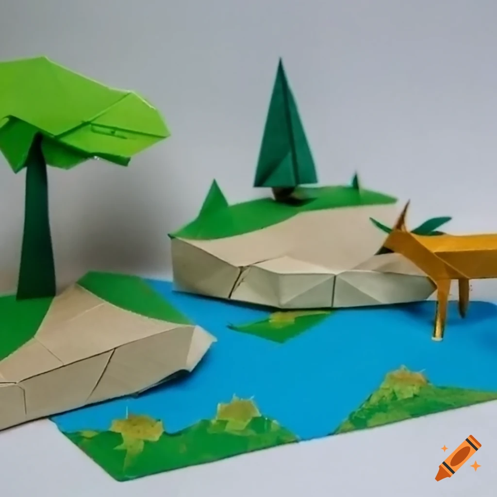 Magical forest with a stone path, a lake, and a deer made from ...