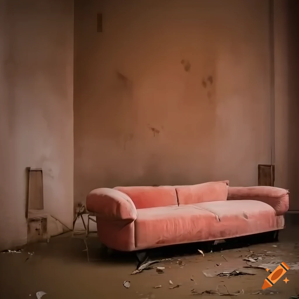 View of destroyed peach pink velvet couch in flooded penthouse with ...