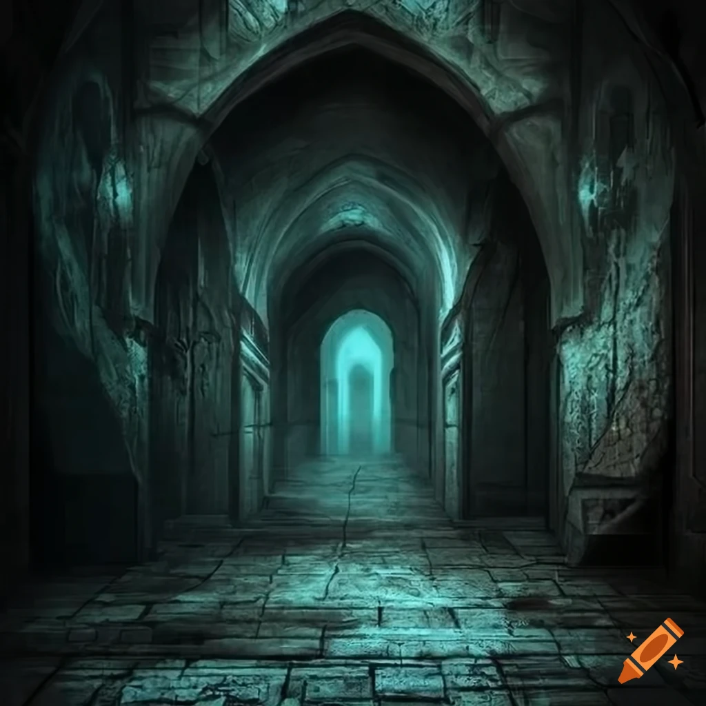 Dark fantasy dungeon hallway with a torch on the wall in digital art on ...