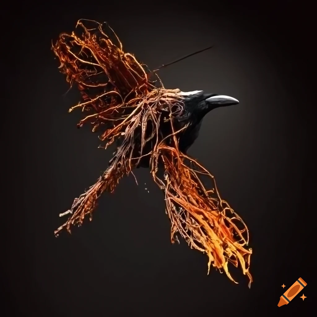 Biomechanical decomposed flying crow made of twigs and roots with ...