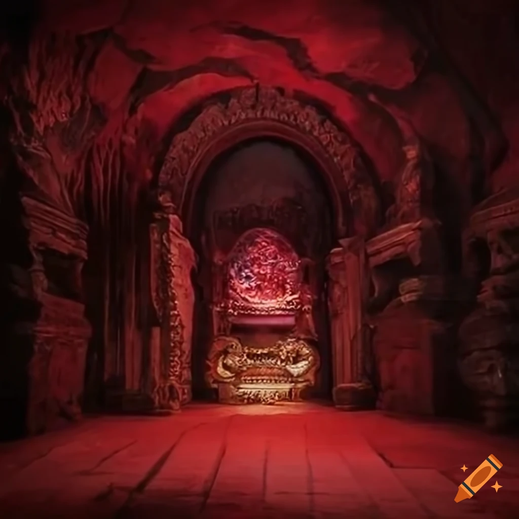 Red ruby shining on ornate pedestal in ancient cave chamber on Craiyon