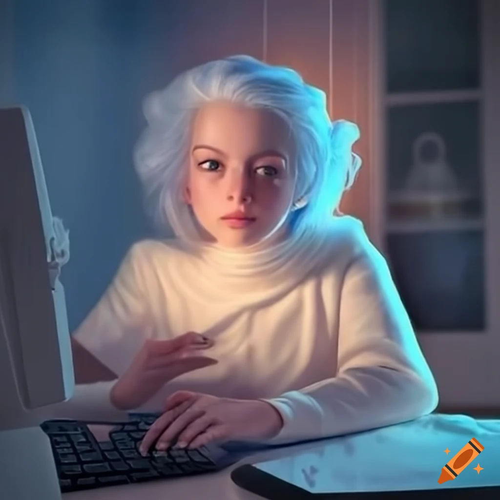 Girl with snow-white hair in a tech room with program codes on screen monitors on Craiyon