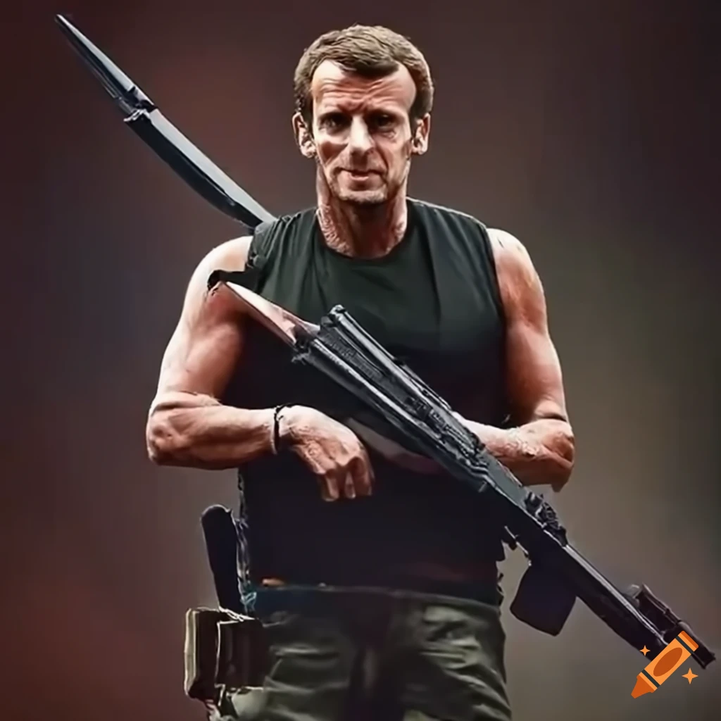 Film poster featuring Emmanuel Macron in a Rambo-style design on Craiyon