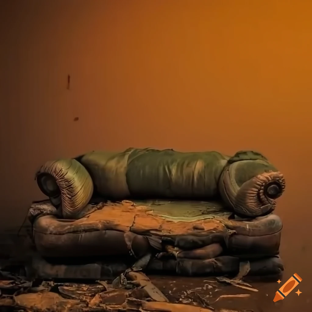 Close-up of destroyed leather couch with tires on flooded industrial ...