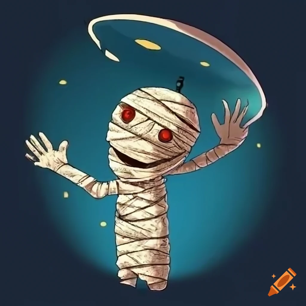 Cartoon mummy in bandages leaning out of ufo window waving on Craiyon