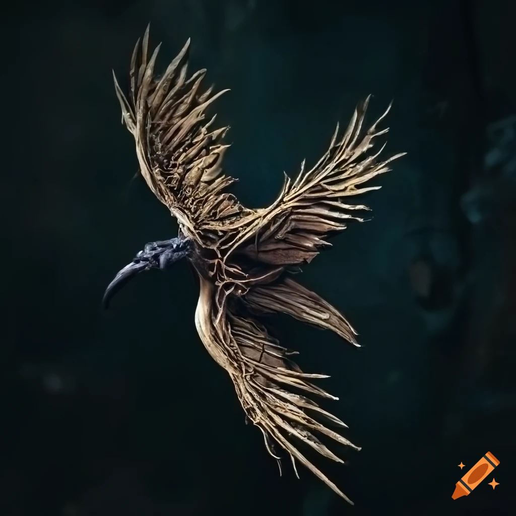 Bio-mechanical flying raven with roots, twigs, and fungi in a tattered ...