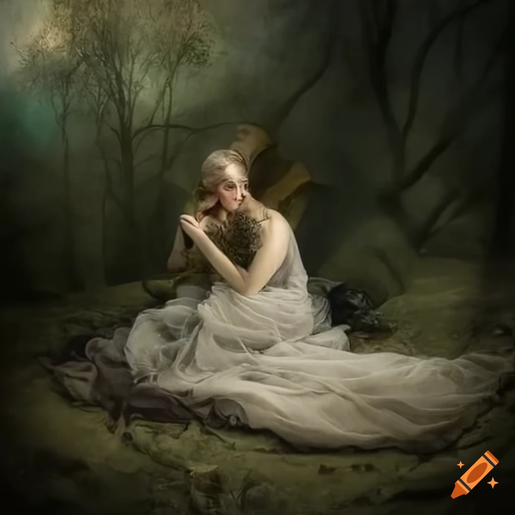 Mythical being mourning in nature with renaissance art style on Craiyon