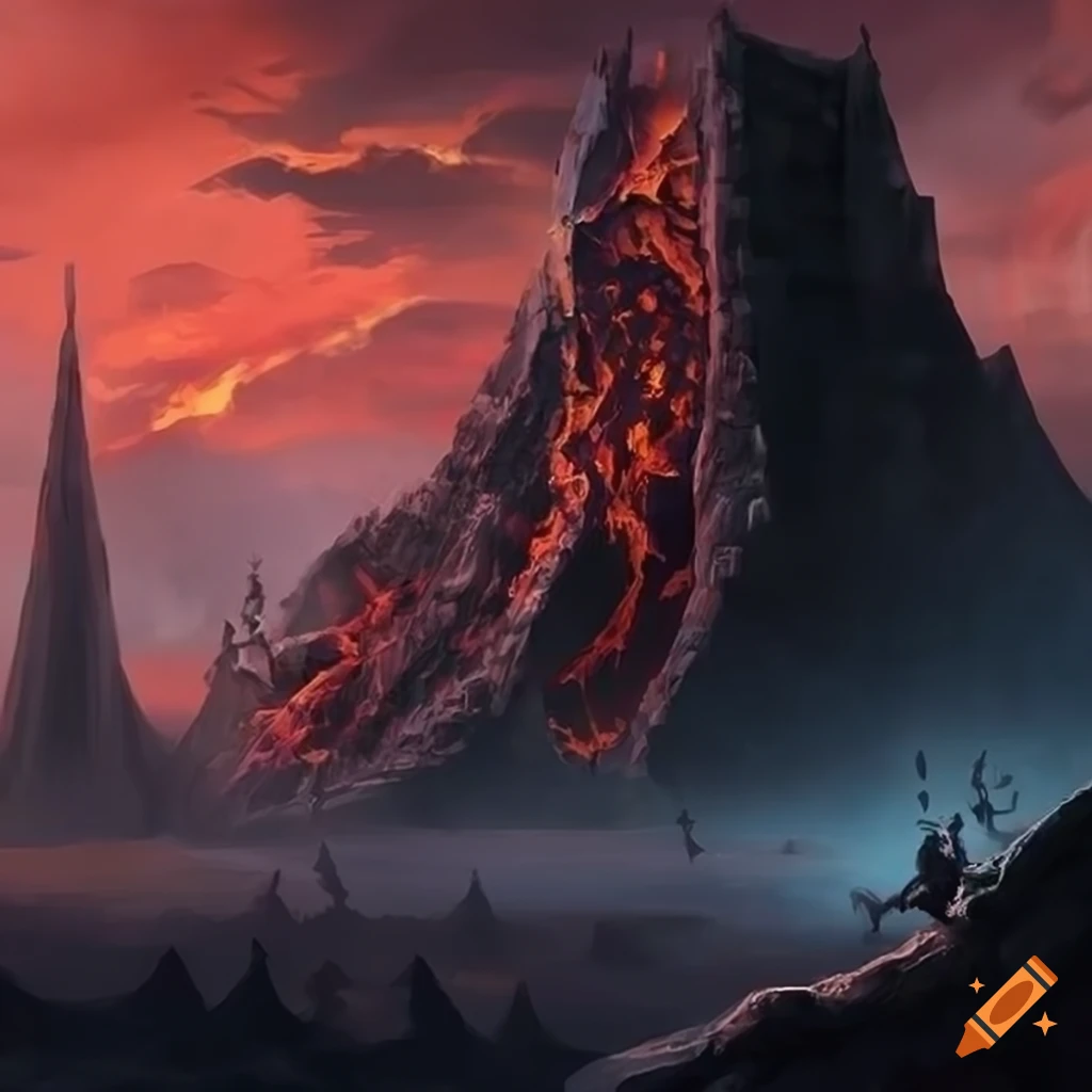 Black evil tower in a volcanic fantasy landscape on Craiyon