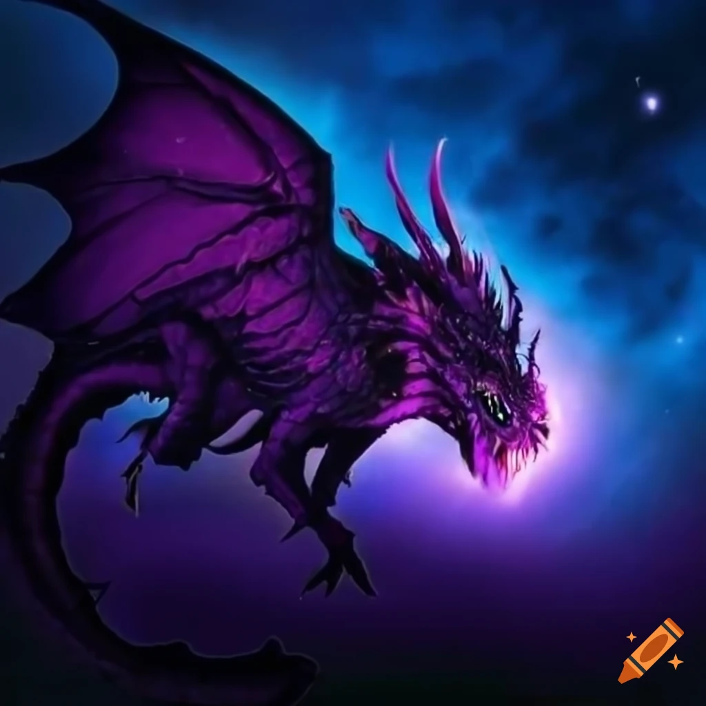 Large black glowing purple dragon-like monster flying through the night ...