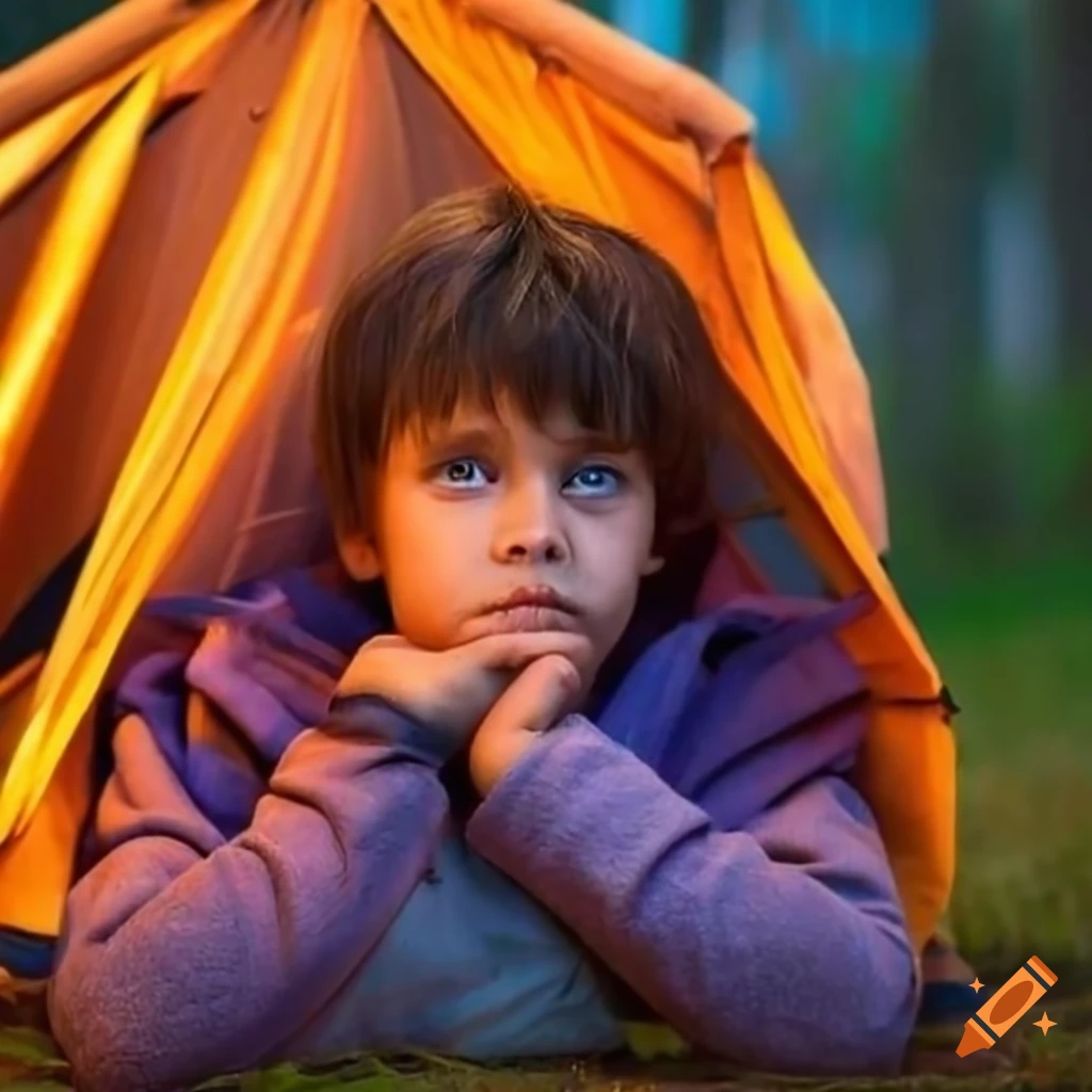 Sad kid near a campfire on Craiyon
