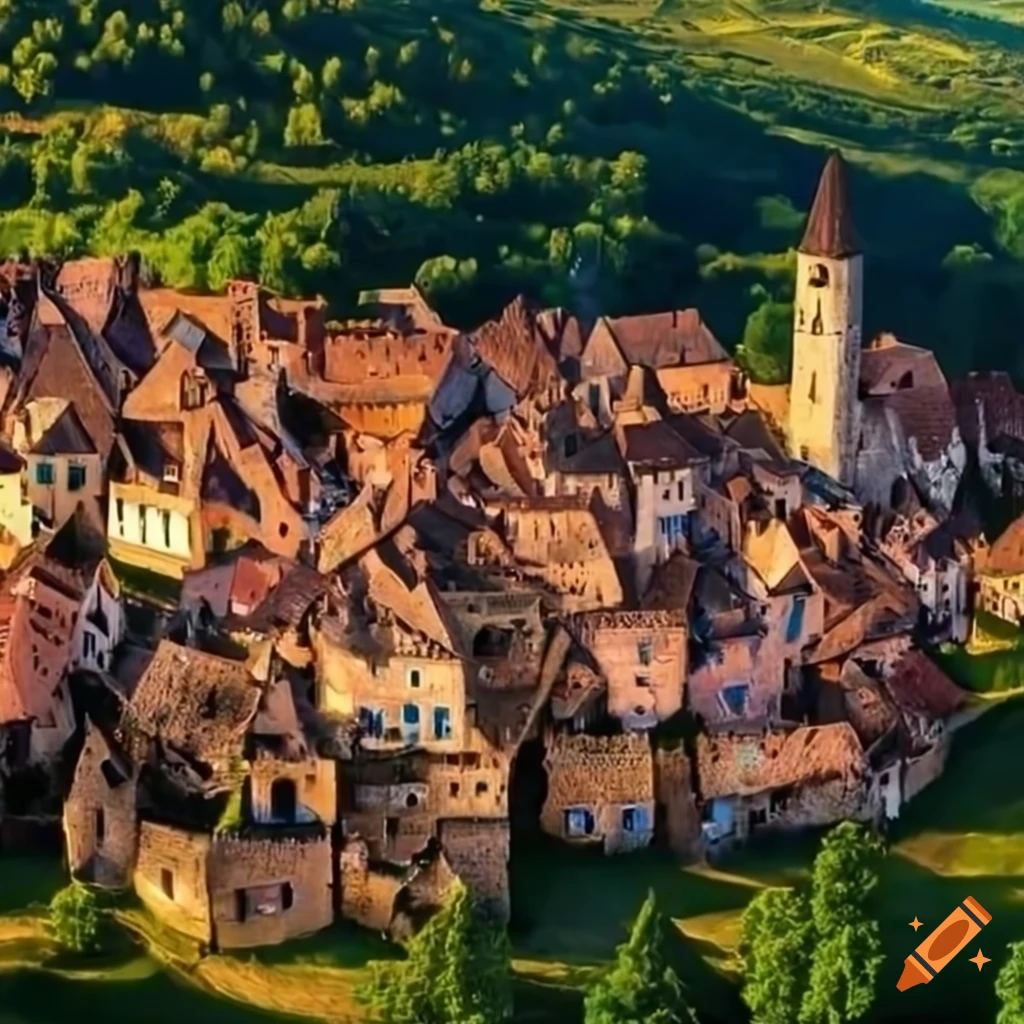 Aerial view of a beautifully decorated medieval village on Craiyon