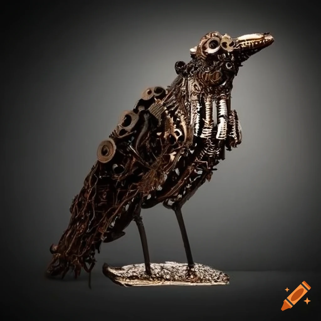 Biomechanical corroded crow sculpture crafted from scrap metal on Craiyon