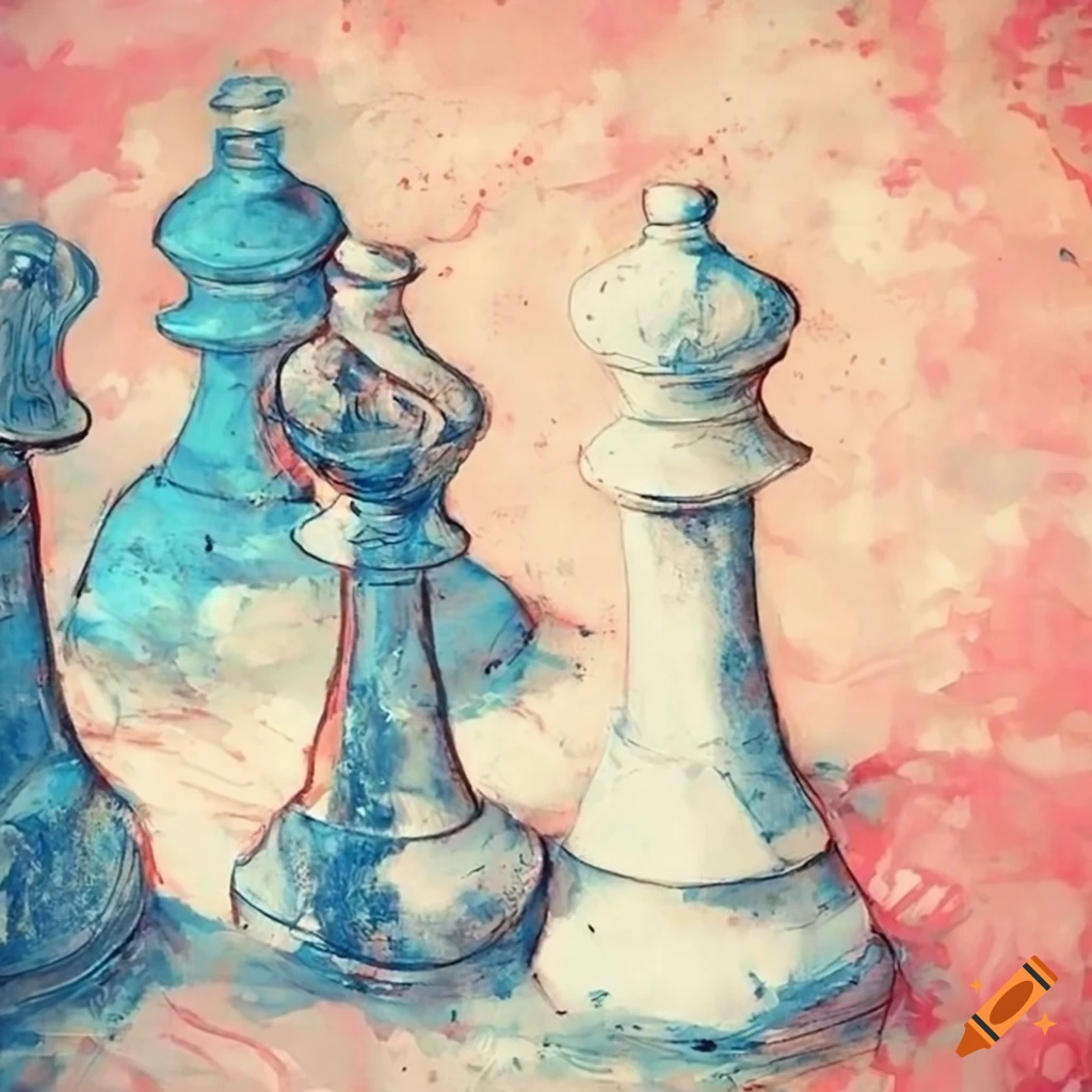 Sketch art painting of abstract chess pieces with fabric background on ...
