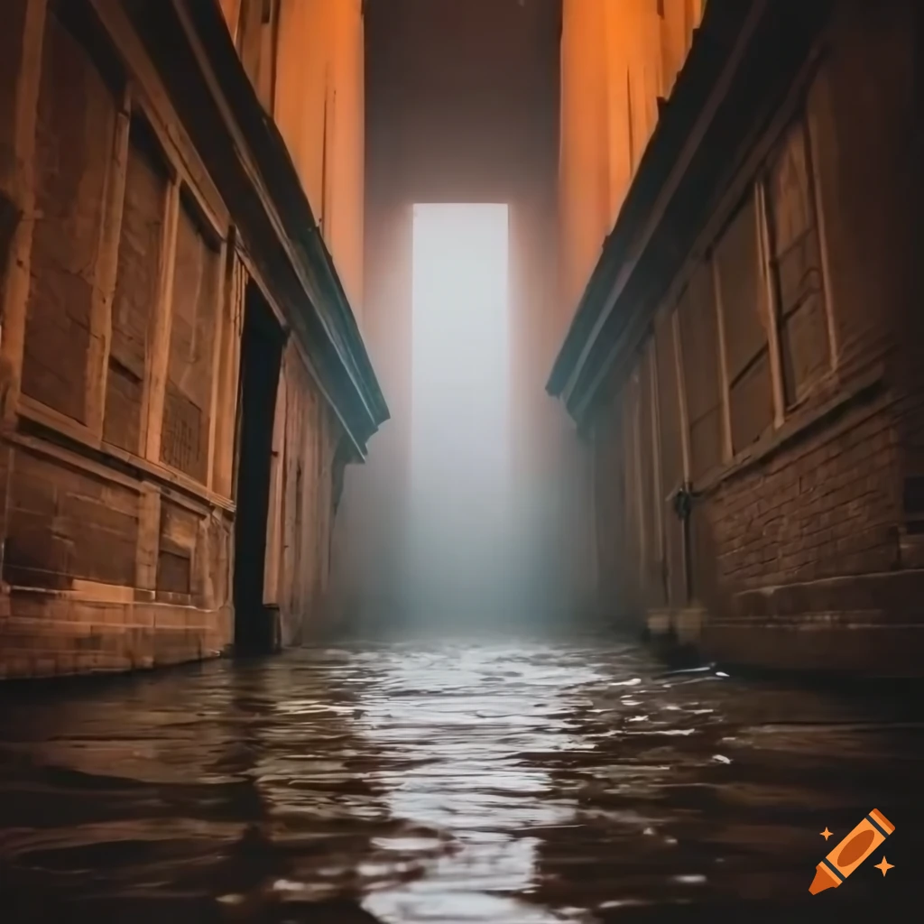 Close-up view of a flooded corridor leading to abandoned blade runner ...