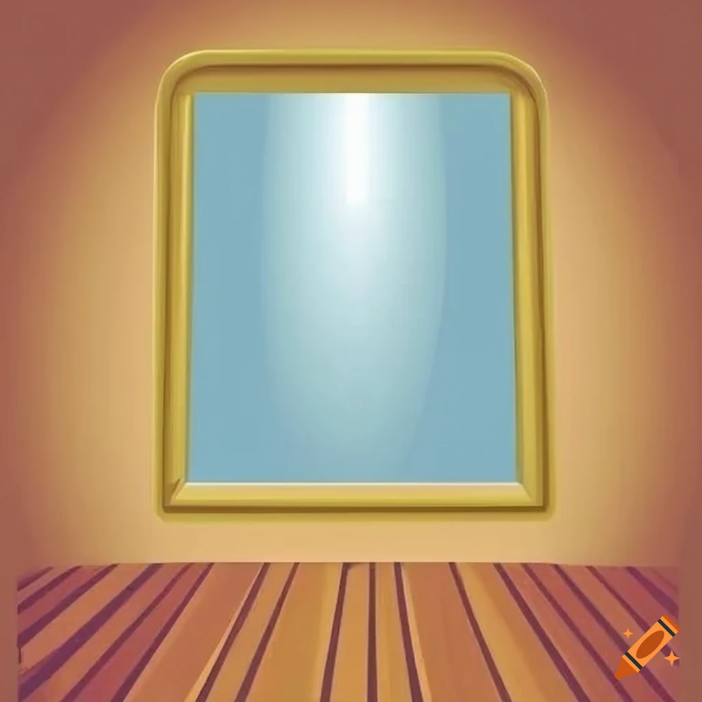 Cartoon depiction of a bright room with a full-length mirror and ...