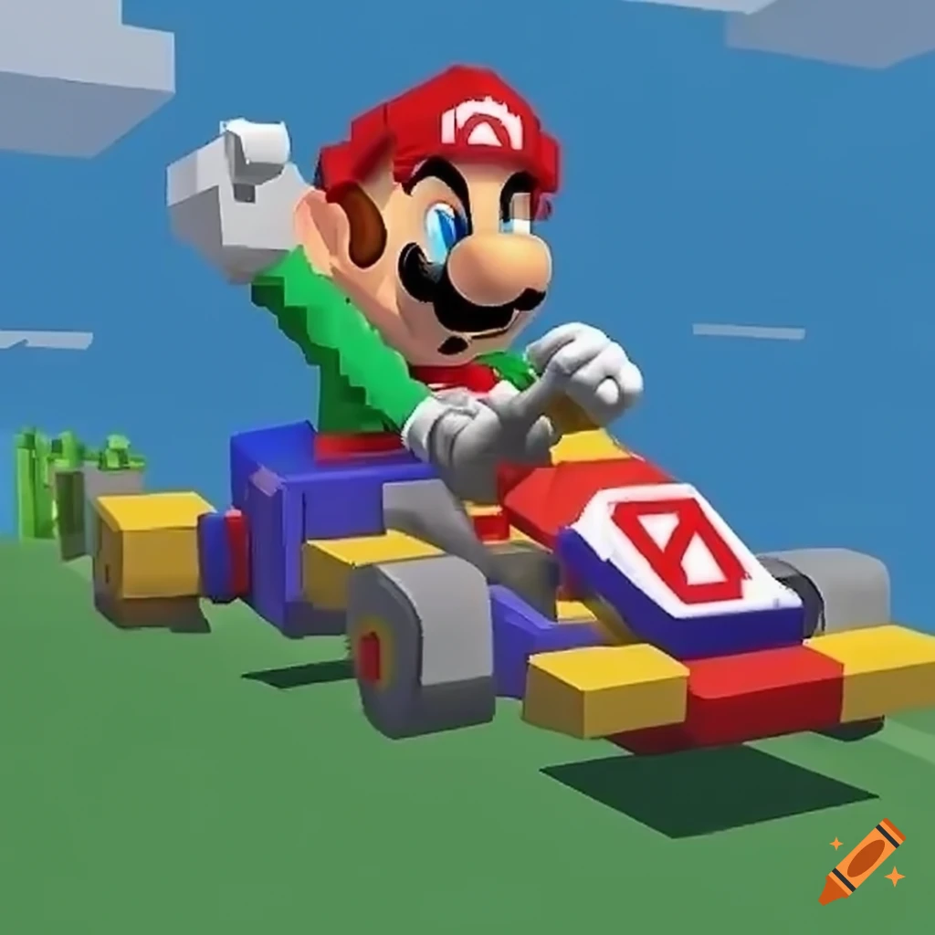 Mario kart driving through minecraft world on Craiyon