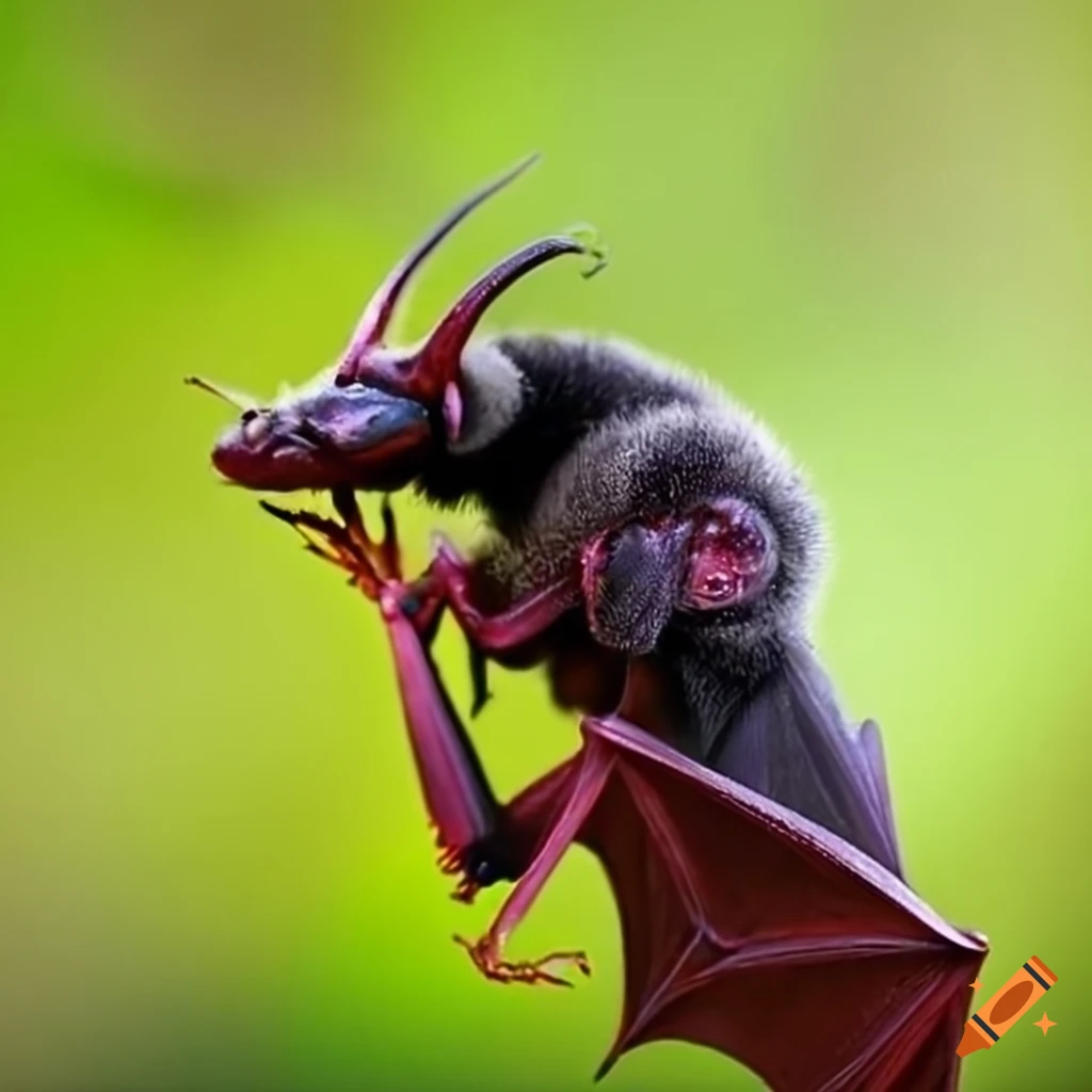 Hybrid creature with bee, vampire bat, and mantis features on Craiyon