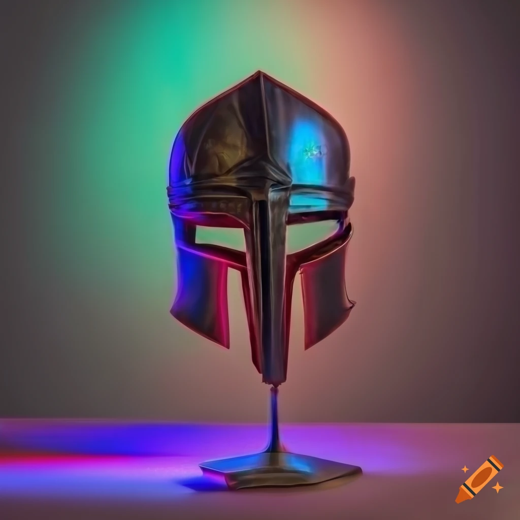 Red, gold, and black knight helmet on table with neon lights in dark ...