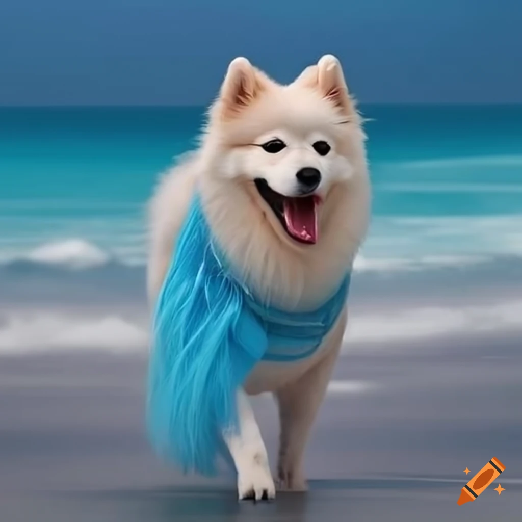 Samoyed enjoying the beach in a blue bodycon prom dress on Craiyon