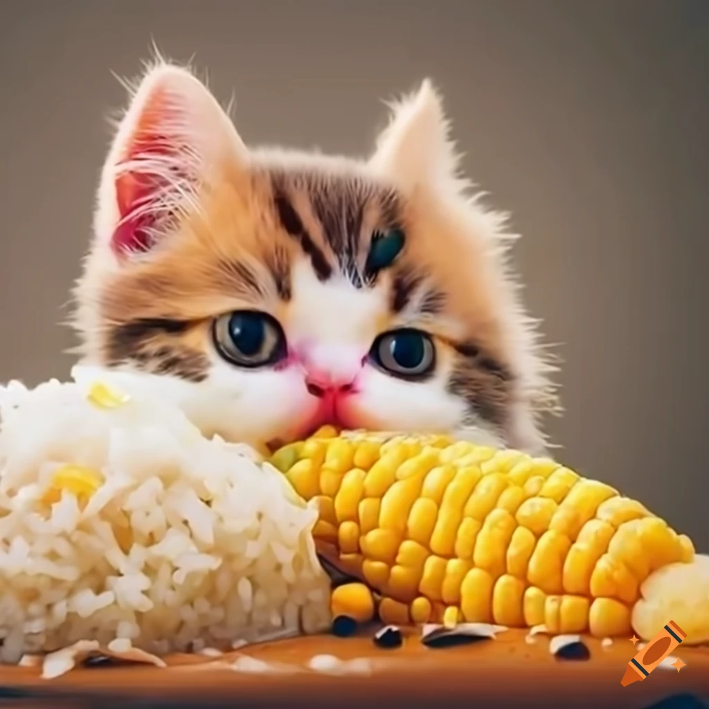 Fluffy kitten eating rice with corn on Craiyon