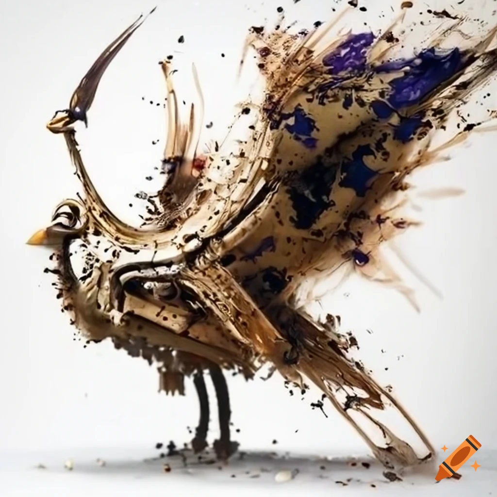 Biomechanical bird made of rubbish with ink splatters on Craiyon